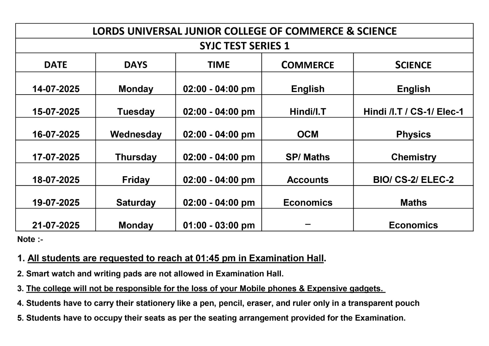 LUC_Junior - SYJC TEST SERIES 1 - EXAM TIME TABLE 2025-26 - LUC