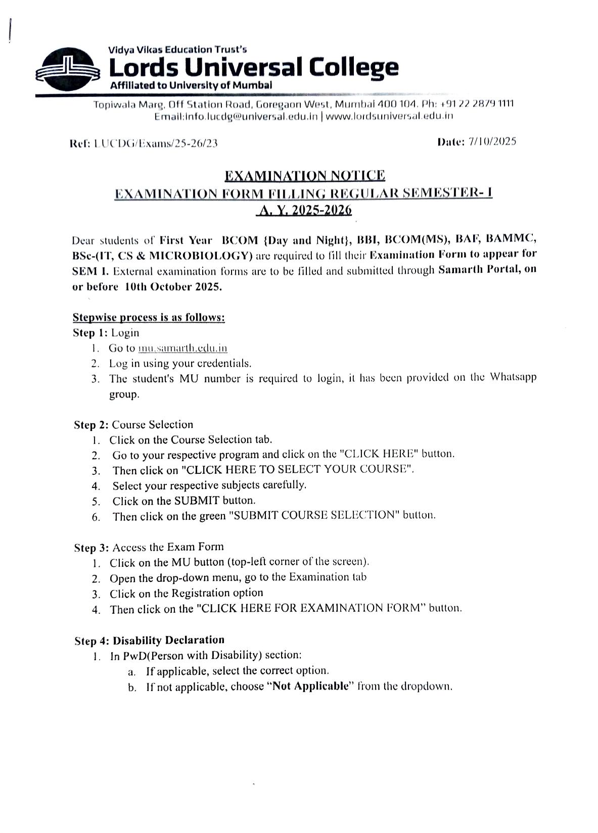 LUC_Degee - Notice -Sem I Examination Form Filling through Samarth Portal- Oct 2025 - LUC