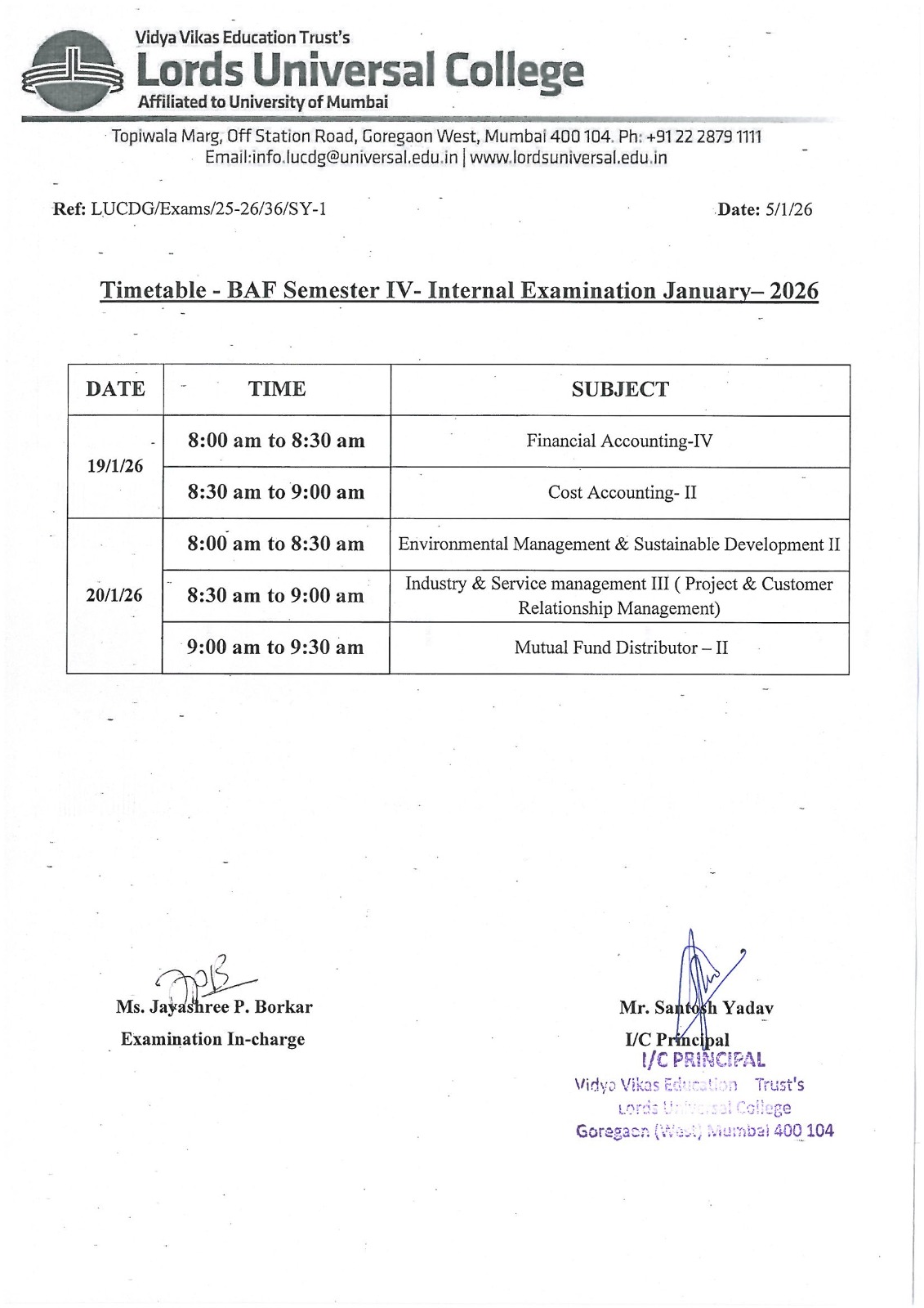 LUC_Degree - Timetable - Internal Exam Sem IV January 2026 - LUC